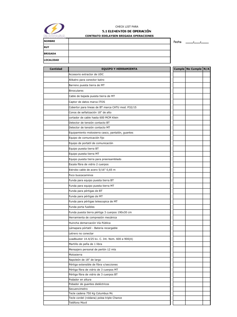 Check - List - ELEMENTOS DE OPERACIÓN | PDF | Equipo | Electricidad