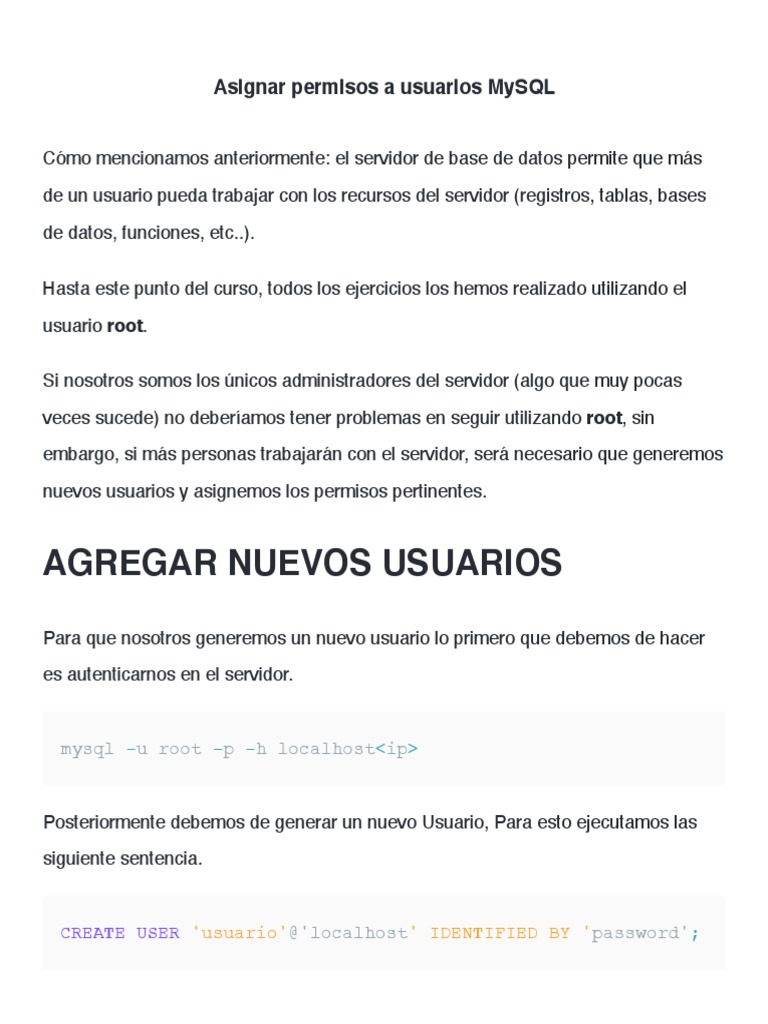 Asignar Permisos A Usuarios MySQL | PDF | Usuario (informática) | Bases ...