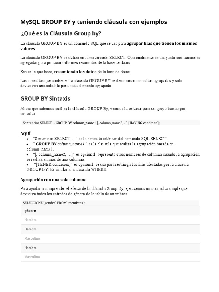 MySQL GROUP BY y Teniendo Cláusula Con Ejemplos | PDF | SQL ...