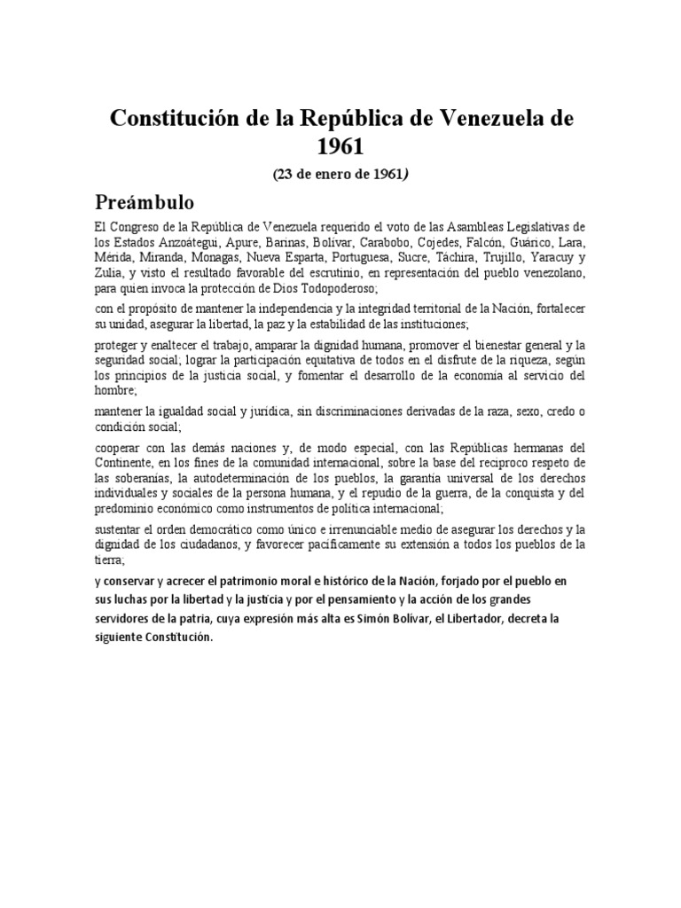 Constitución de La República de Venezuela de 1961 | PDF