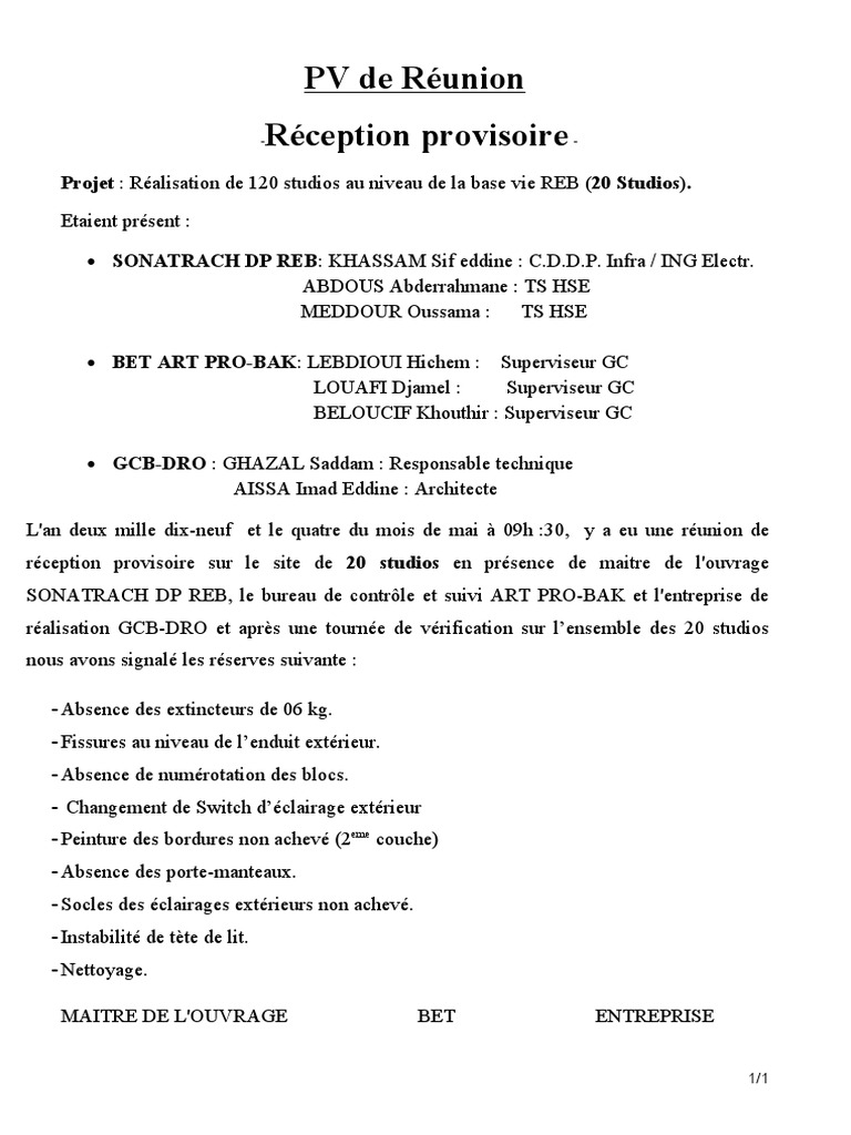 PV de Réunion - Récéption Provisoire | PDF