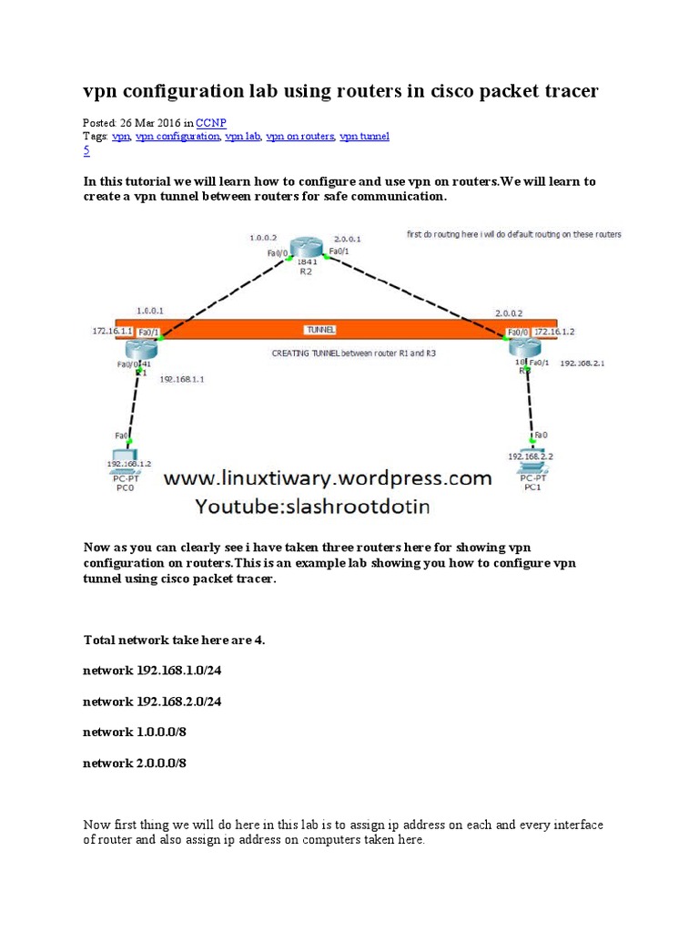 VPN Configuration Lab Using Routers in Cisco Packet | PDF | Router (Computing) | Telecommunications