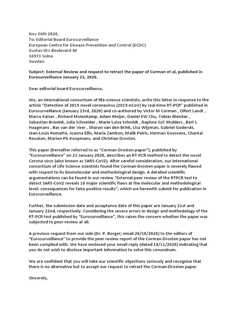 Retraction Letter by ICSLS - Corman-Drosten Et Al PDF | PDF