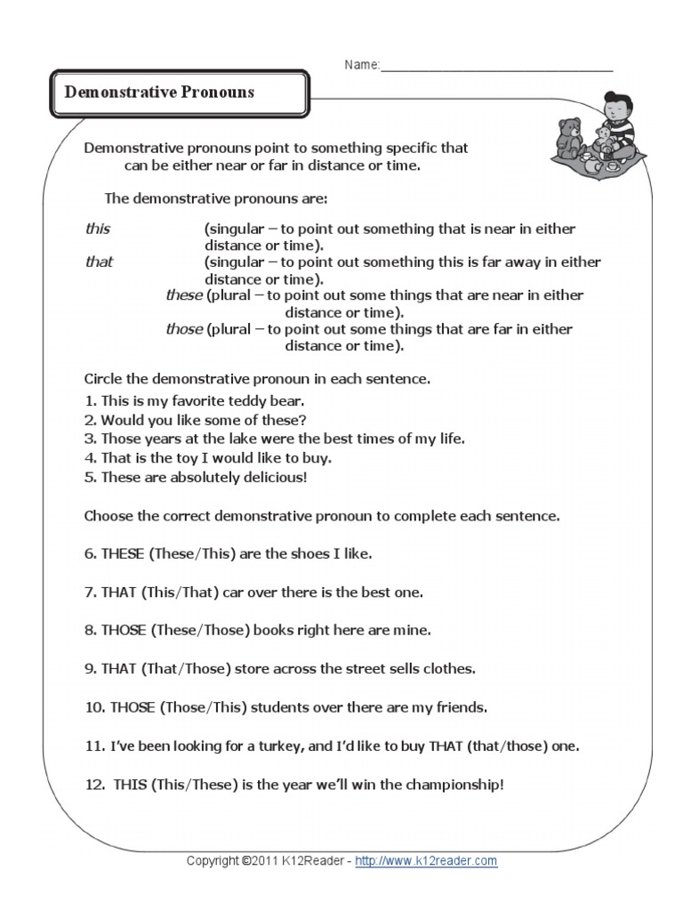 Demonstrative Pronouns Worksheet