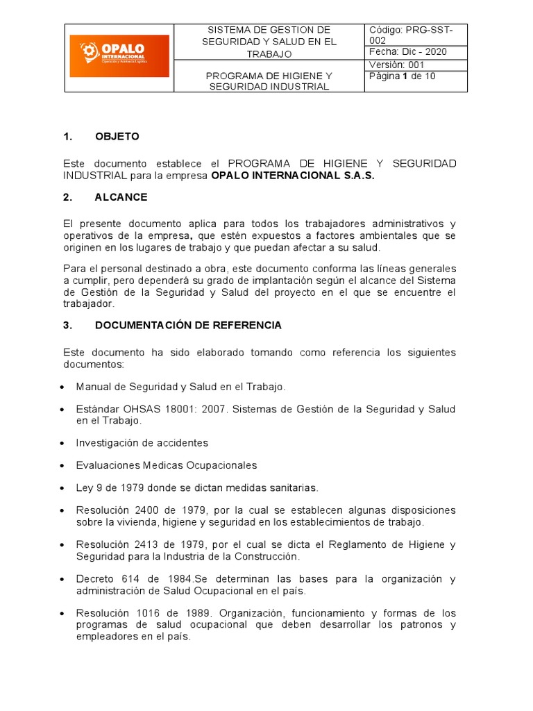 PRG-SST-002 Programa de Higiene y Seguridad Industrial M&S | PDF | Salud pública | La seguridad