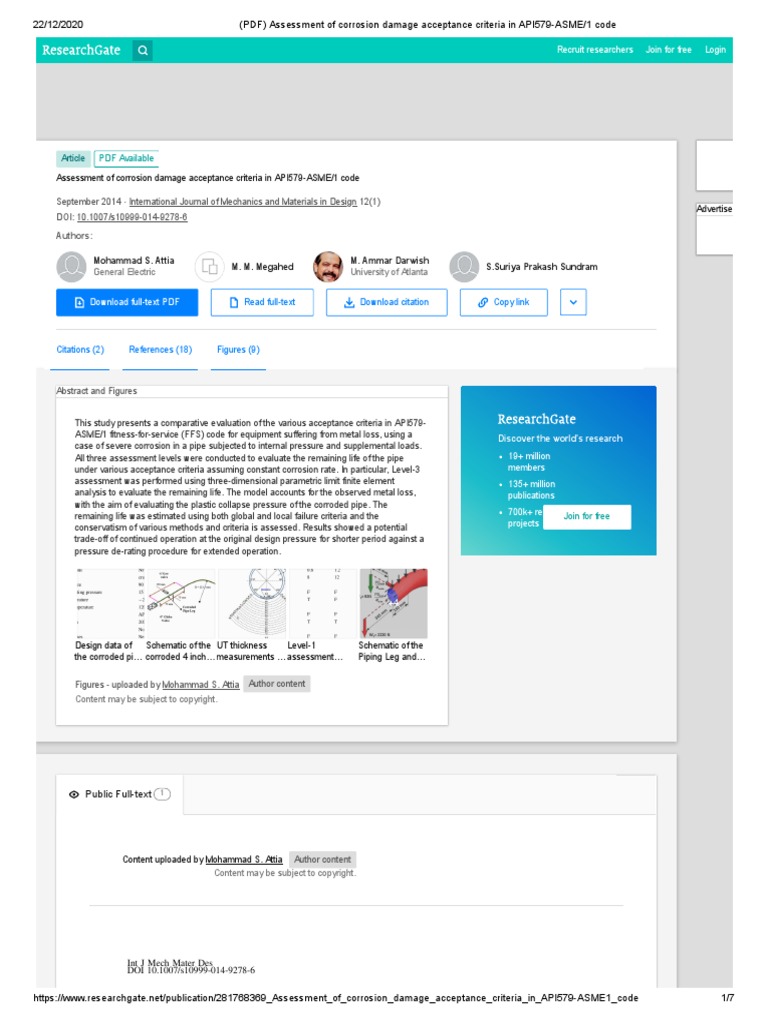 (PDF) Assessment of Corrosion Damage Acceptance Criteria in API579-ASME - 1 Code | Download Free ...