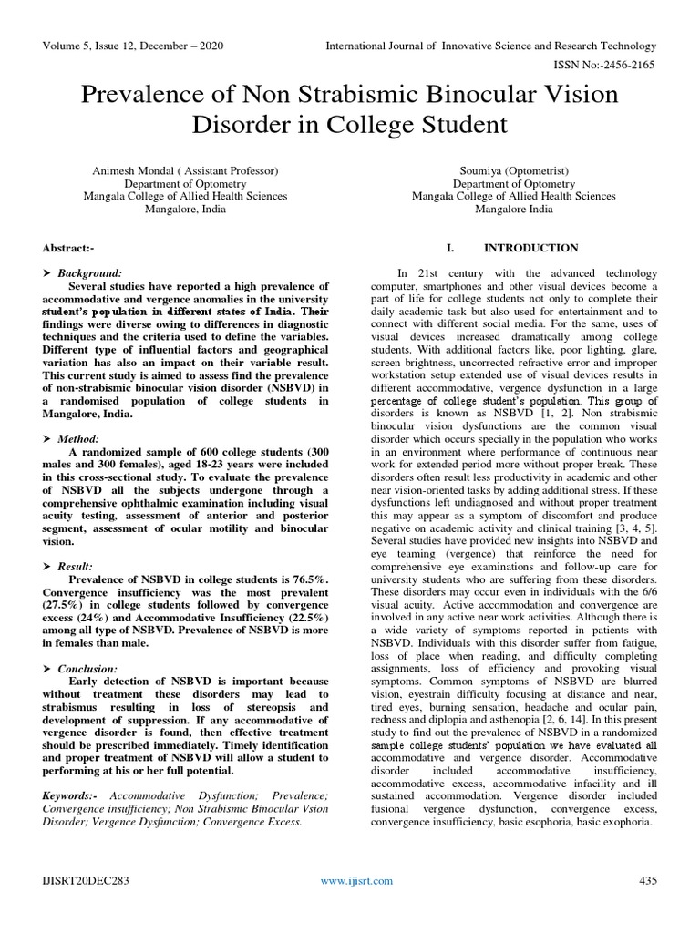 Prevalence of Non Strabismic Binocular Vision Disorder in College Student | PDF | Human Eye ...
