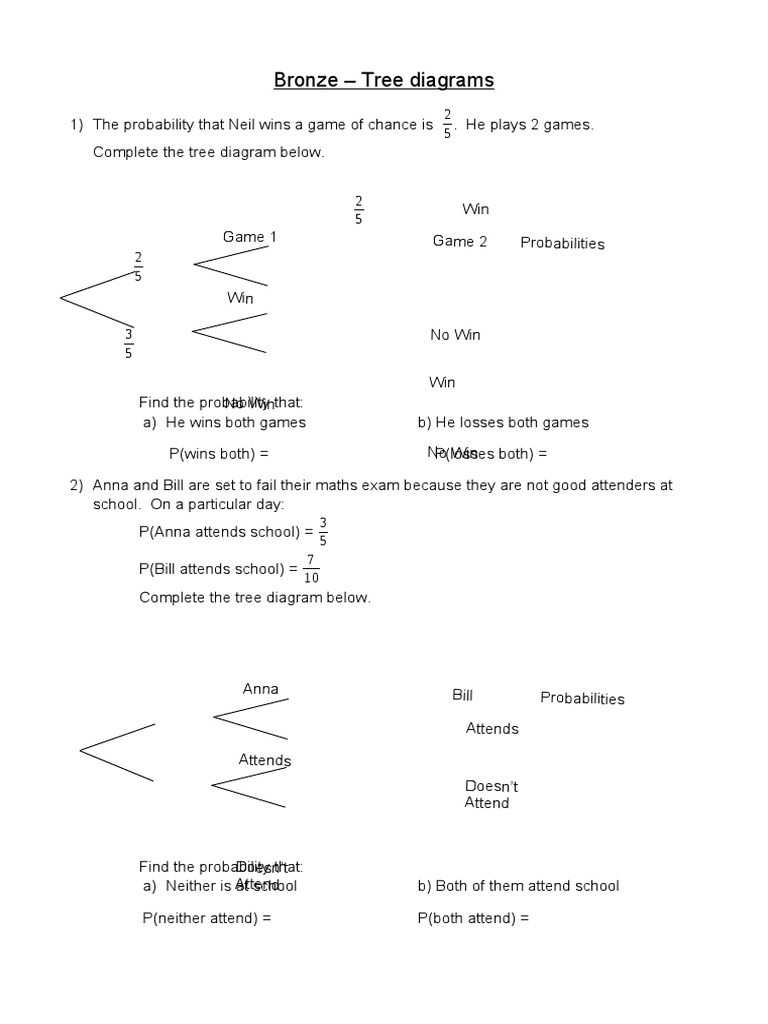 Probability Worksheet Tree Diagrams Bronze | PDF | Schools