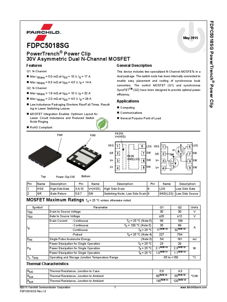 Fdpc5018Sg: Powertrench Power Clip 30V Asymmetric Dual N-Channel Mosfet | PDF | Field Effect ...