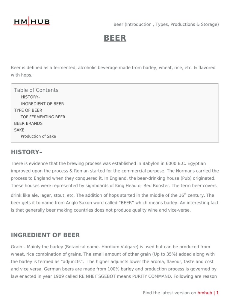 Beer (Introduction, Types, Productions & Storage) | PDF | Cooking, Food ...