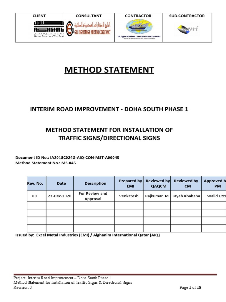 Method Statement For TRAFFIC SIGNSDIRECTIONAL SIGNS-Raj | PDF | Quality ...