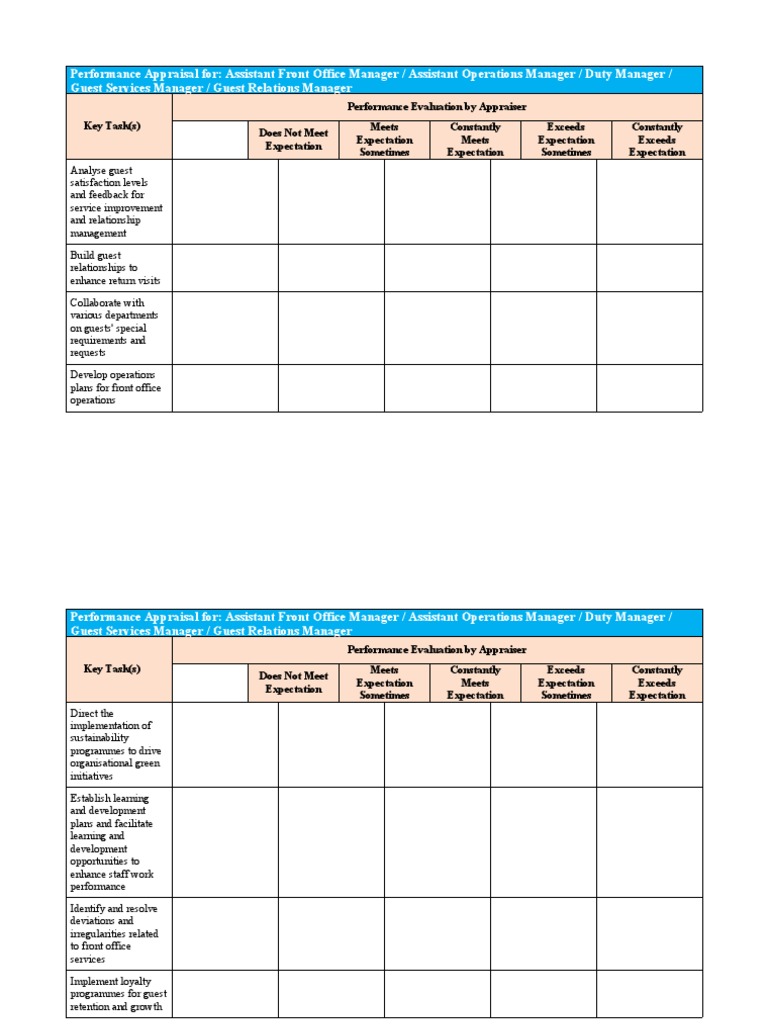 Performance Appraisal - Assistant Front Office Manager - Assistant ...