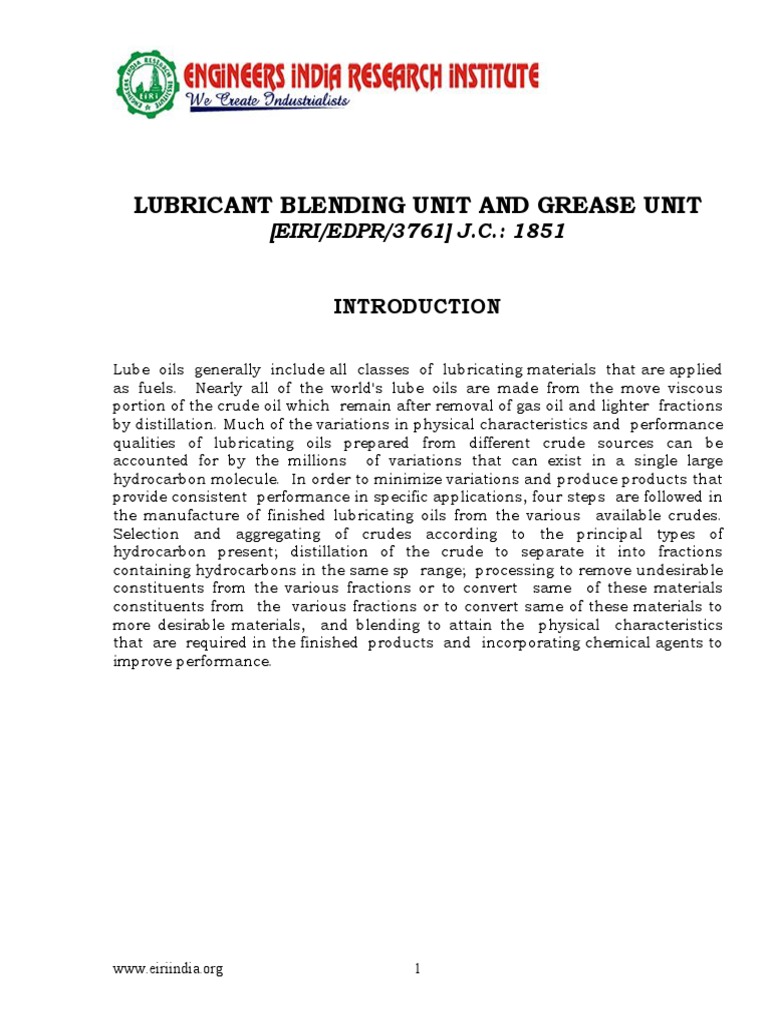 Project Report On Lubricant Blending Unit and Grease Unit | Download ...