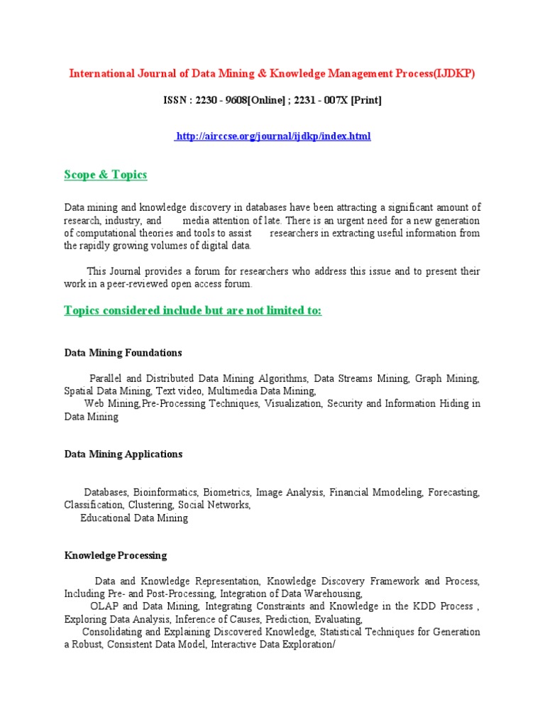 International Journal of Data Mining & Knowledge Management Process (IJDKP) | PDF | Data Mining ...