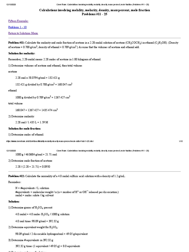 ChemTeam - Calculations Involving Molality, Molarity, Density, Mass ...