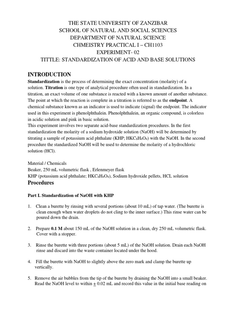 Standardization of Acid-Base Solutions | PDF | Titration | Chemistry