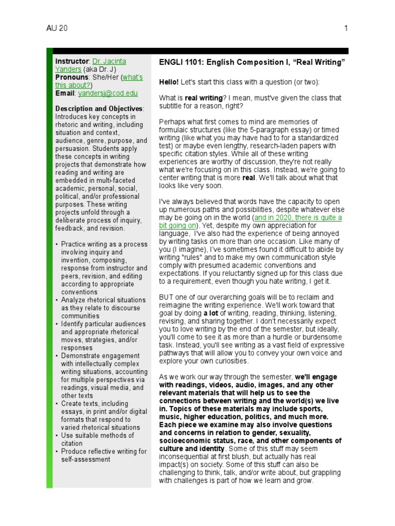 AU20 1101 Comp I | PDF | Educational Technology | Rhetoric