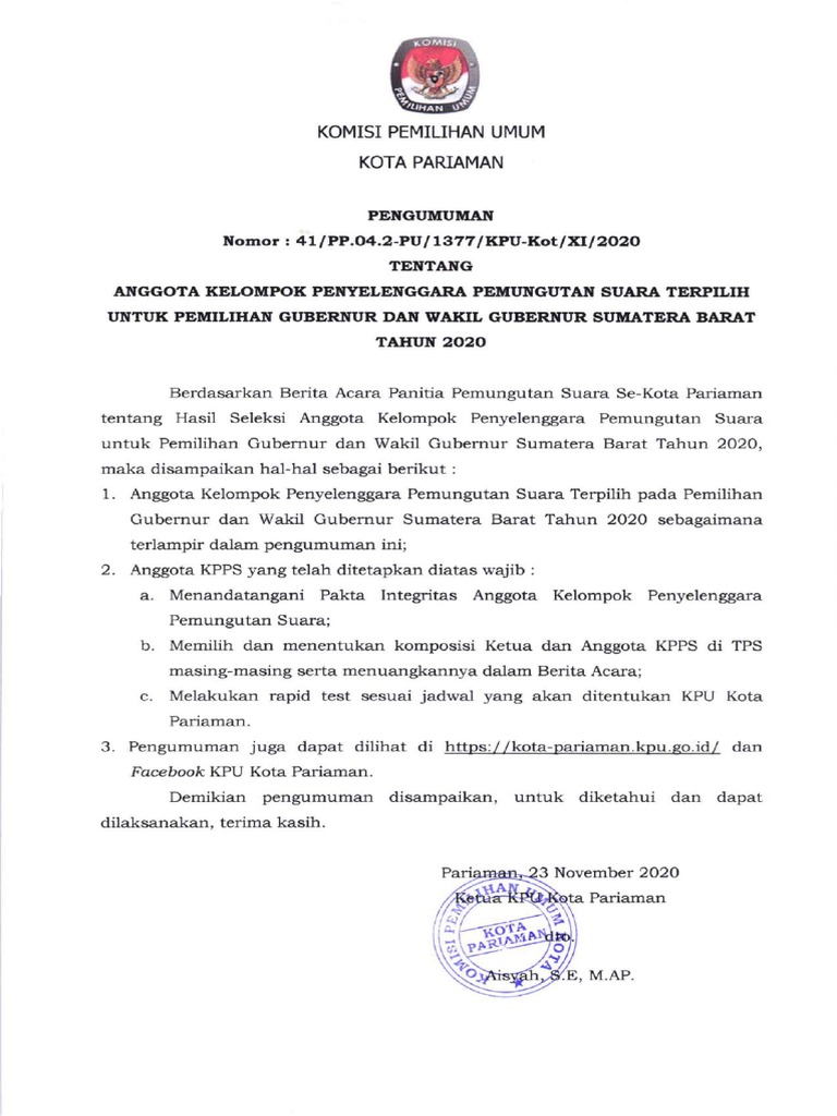 Pengumuman KPPS Terpilih - Compressed | PDF