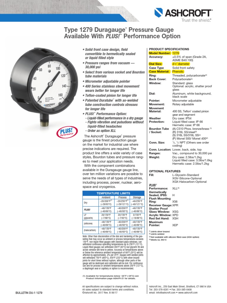 Type 1279 Duragauge Pressure Gauge Available With Performance Option ...