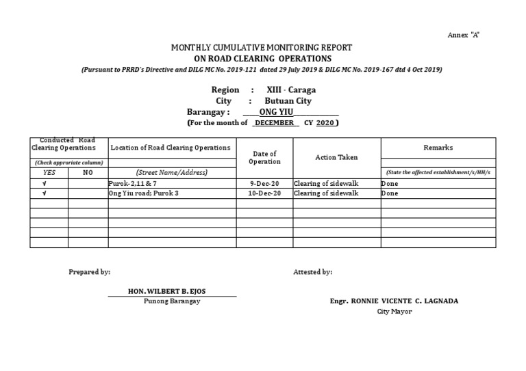 Monthly Cumulative Monitoring Report: On Road Clearing Operations | PDF
