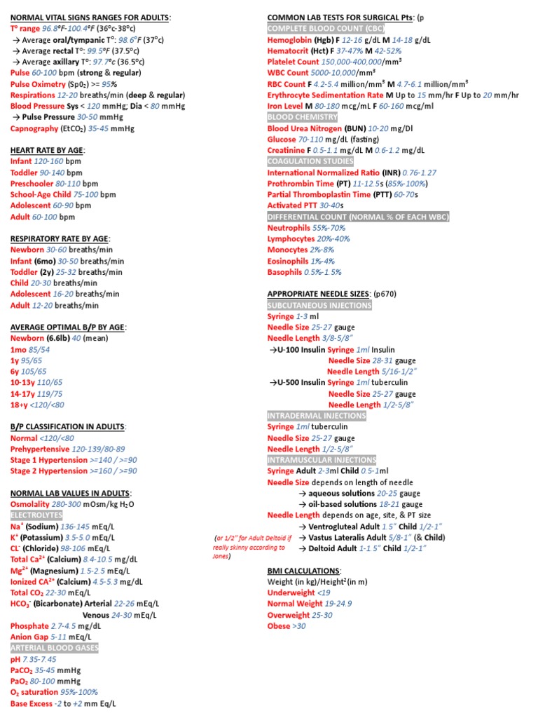 Adult Vital Signs and Lab Values Guide | PDF | Injection (Medicine ...