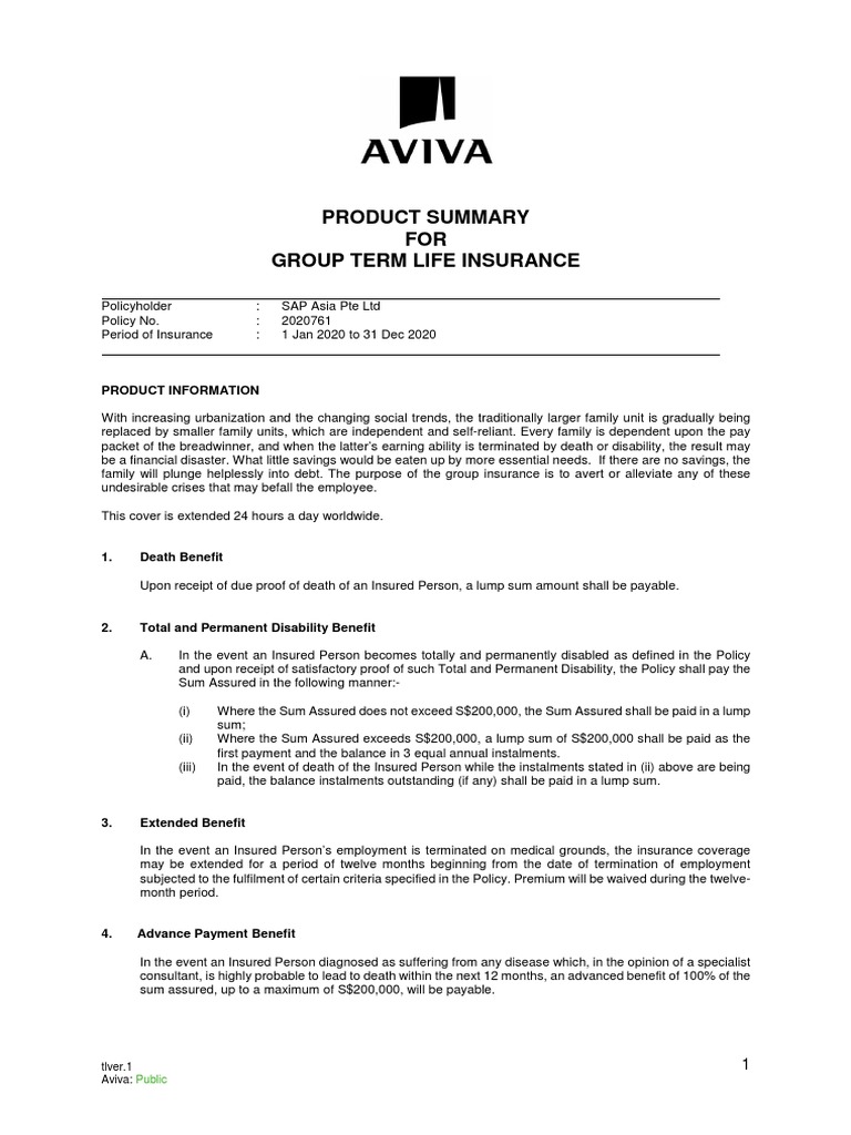 Product Summary FOR Group Term Life Insurance | PDF | Insurance | Life ...