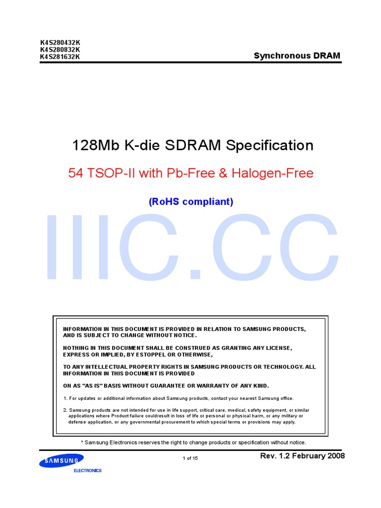 Iiic - CC: 128Mb K-Die SDRAM Specification | PDF | Dynamic Random Access Memory | Integrated Circuit