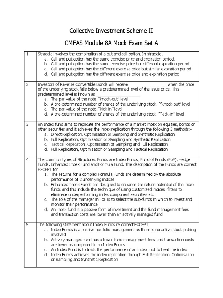 CIS CMFAS M8A MCQ (Set A) | PDF | Futures Contract | Derivative (Finance)