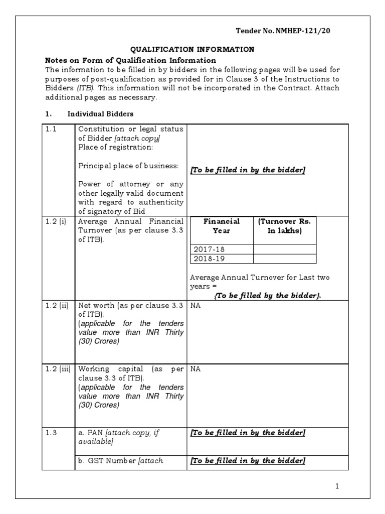 Tender No. NMHEP-121/20 Qualification Information Notes On Form of ...
