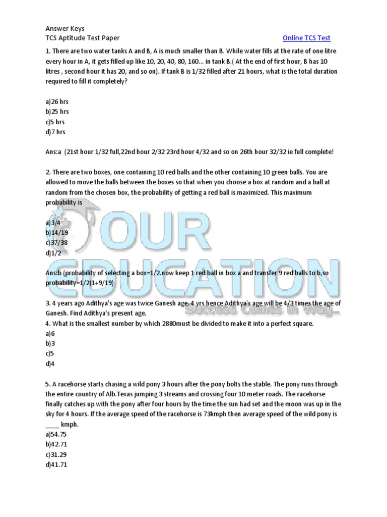 Answer Keys TCS Aptitude Test Paper | PDF | Teaching Mathematics | Nature