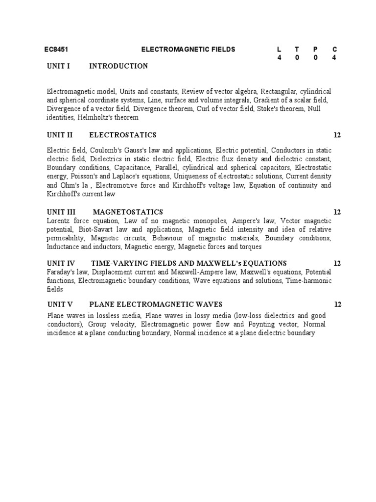 Unit I: EC8451 Electromagnetic Fields L T P C 4 0 0 4 | PDF