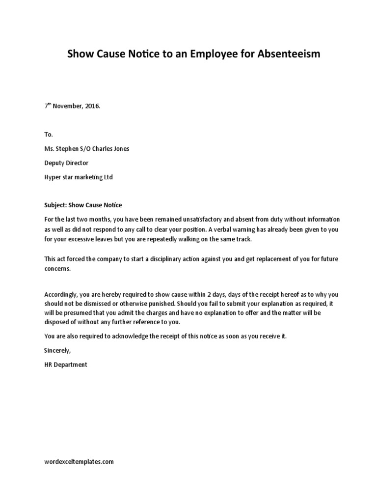 Show Cause Notice To An Employee For Absenteeism | PDF | Career ...