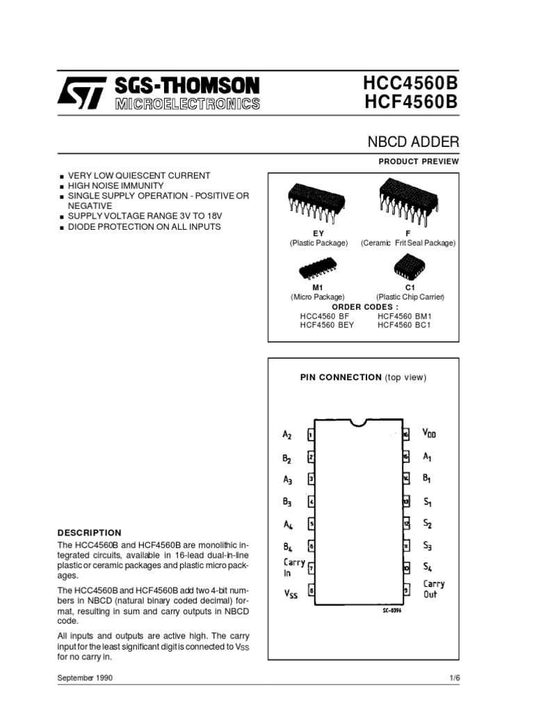 HCC4560B HCF4560B: NBCD Adder | PDF | Electronic Circuits | Electrical Engineering