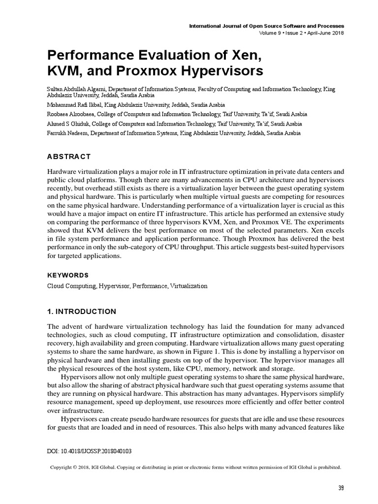 Performance Evaluation of Xen, KVM, and Proxmox Hypervisors | PDF | Virtualization | Cloud Computing