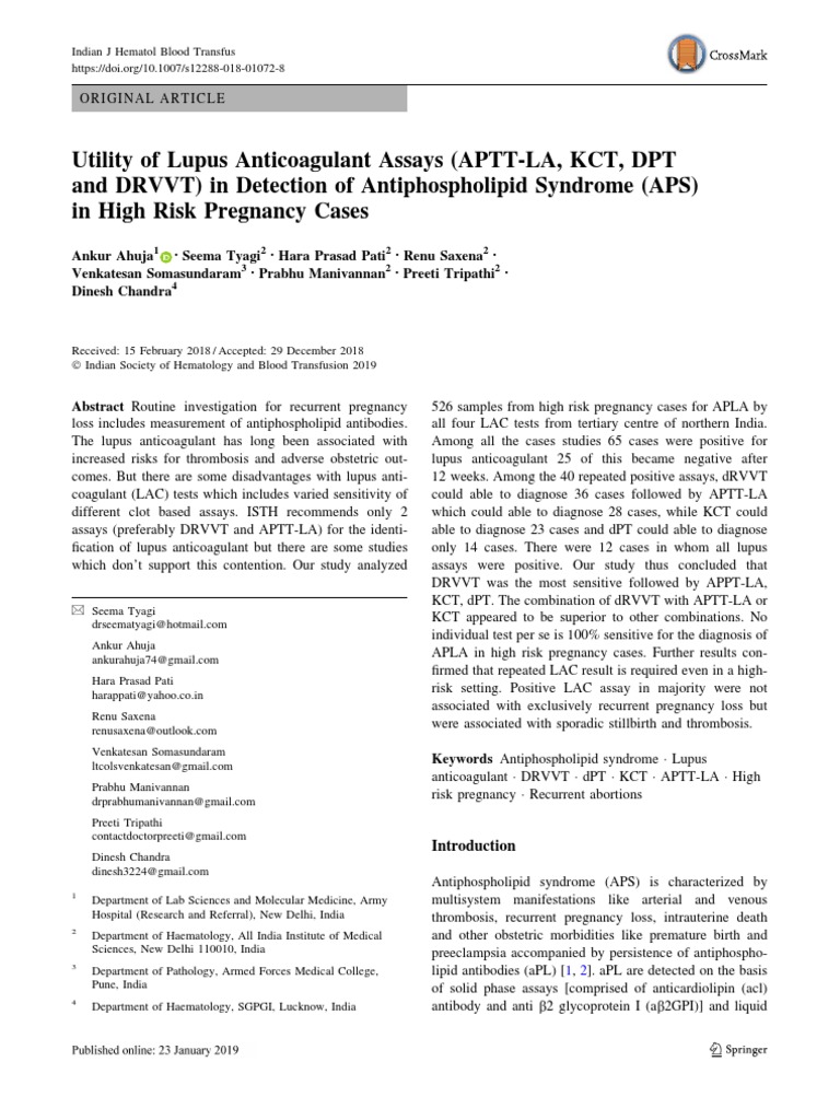 Utility of Lupus Anticoagulant Assays (APTT-LA, KCT, DPT and DRVVT) in ...
