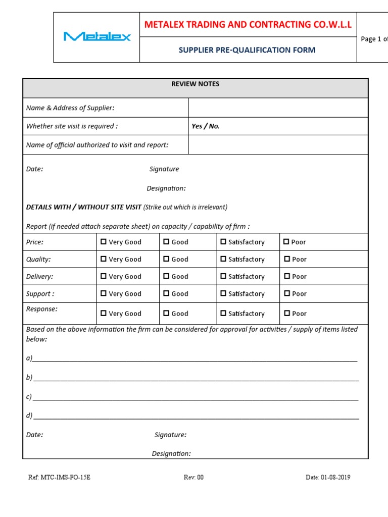 MTC-IMS-FO-15E Supplier Pre-Qualification Form | PDF | Business | Economies