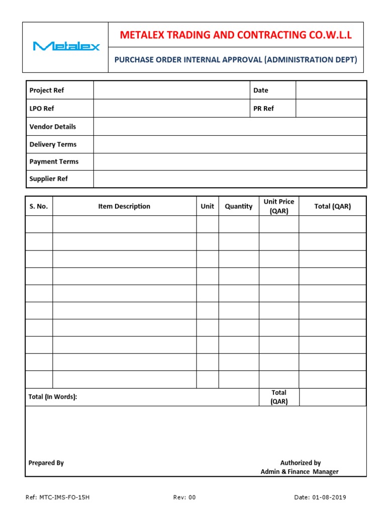 MTC-IMS-FO-15H Purchase Order Internal Approval | PDF