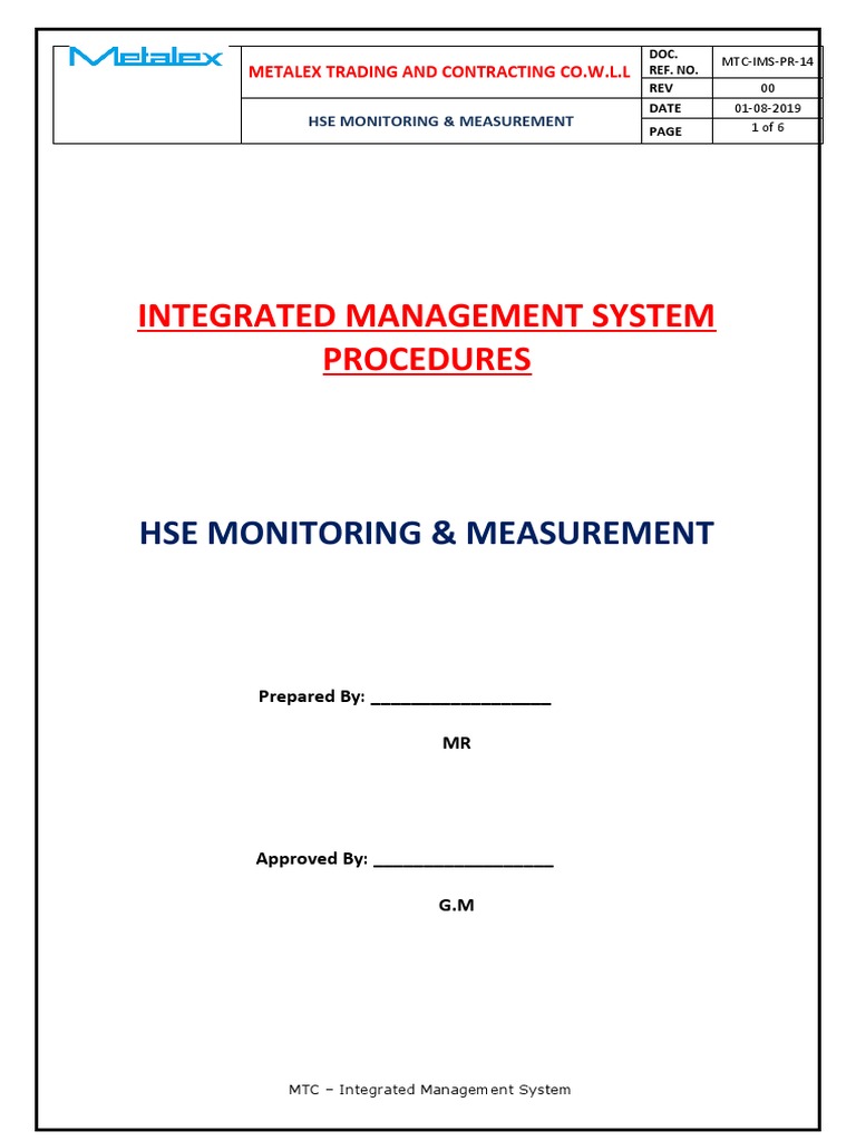 MTC-IMS-PR-14-Procedure For HSE Monitoring & Measurement | PDF