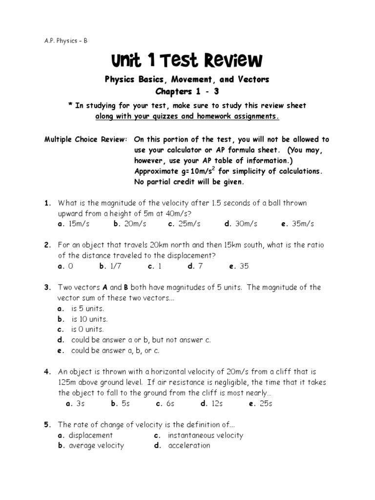 Unit 1 Test Review: Physics Basics, Movement, and Vectors Chapters 1 ...