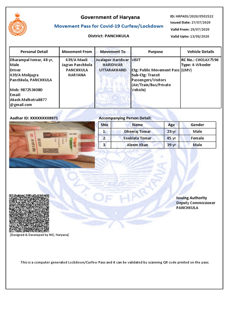 Government of Haryana: Movement Pass For Covid-19 Curfew/Lockdown | PDF