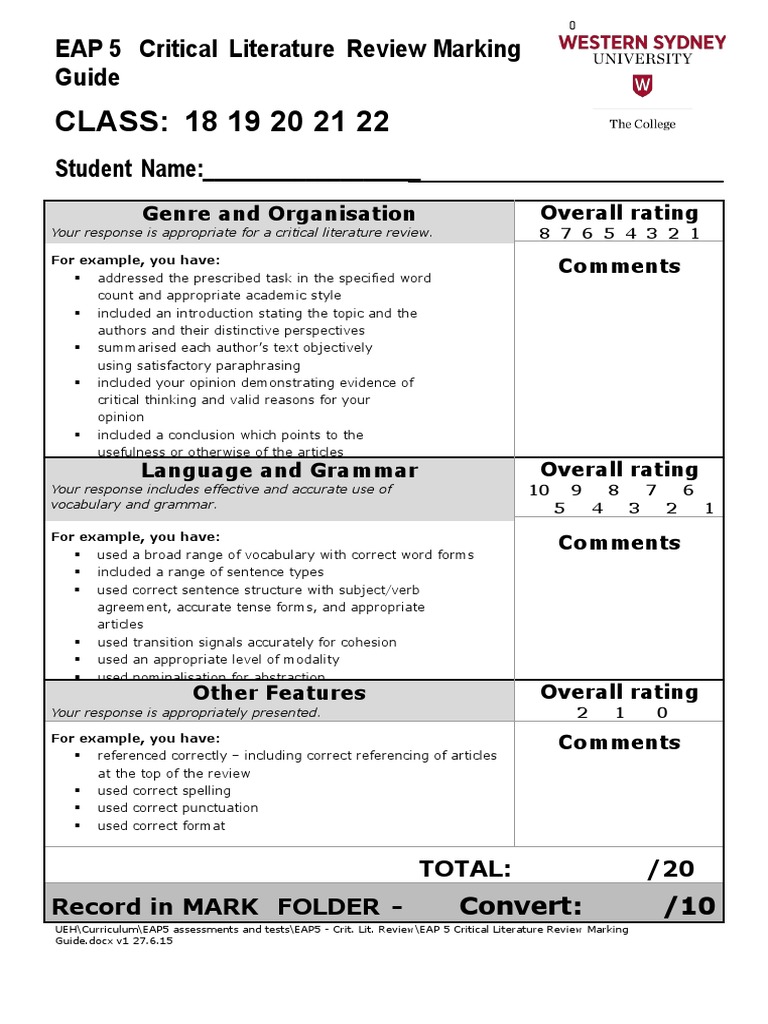 EAP 5 Critical Literature Review Marking Guide | PDF | Cognition | Syntax