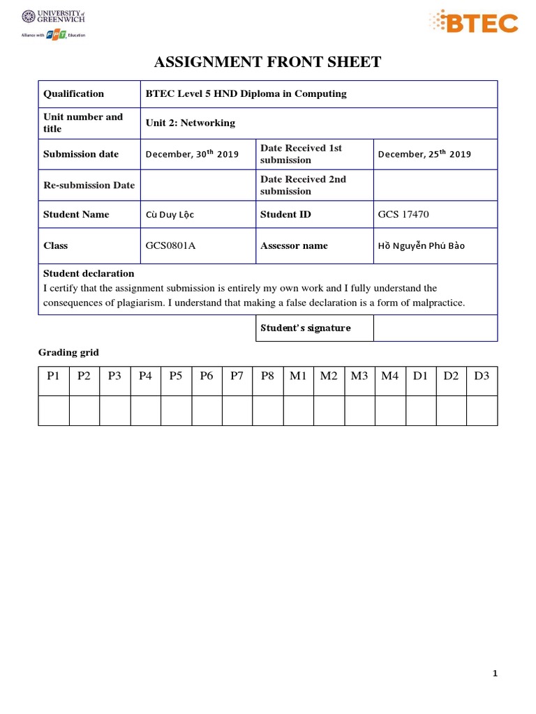 Assignment Front Sheet: Qualification BTEC Level 5 HND Diploma in Computing Unit Number and ...