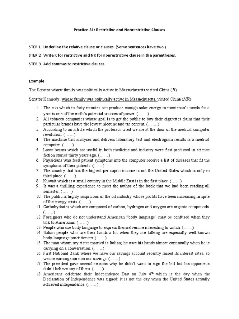 Practice 31: Restrictive and Nonrestrictive Clauses | PDF | Nature