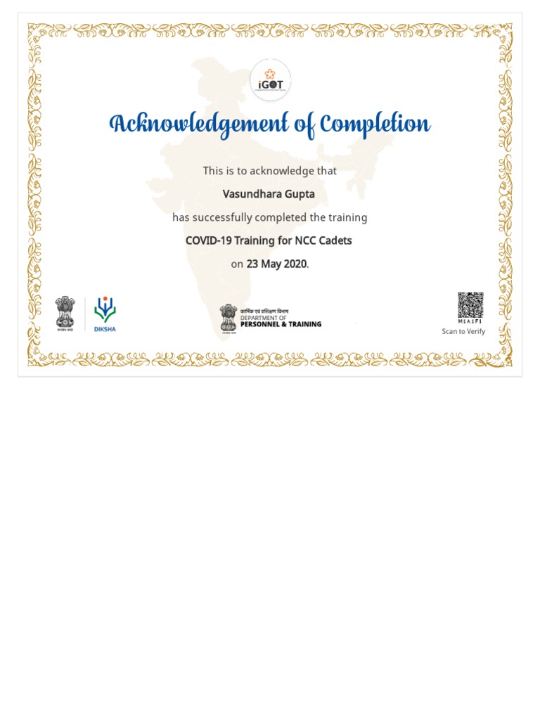 Acknowledgement of Completion: This Is To Acknowledge That | PDF