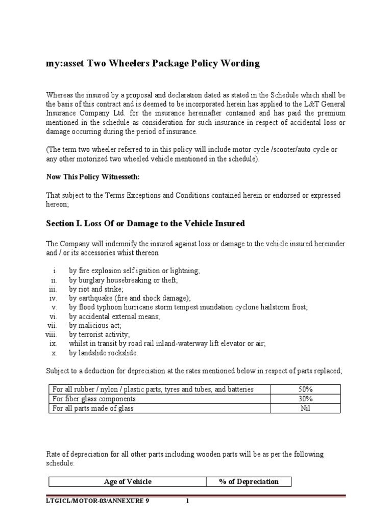 Two-Wheeler Insurance Policy Details | PDF | Indemnity | Liability ...