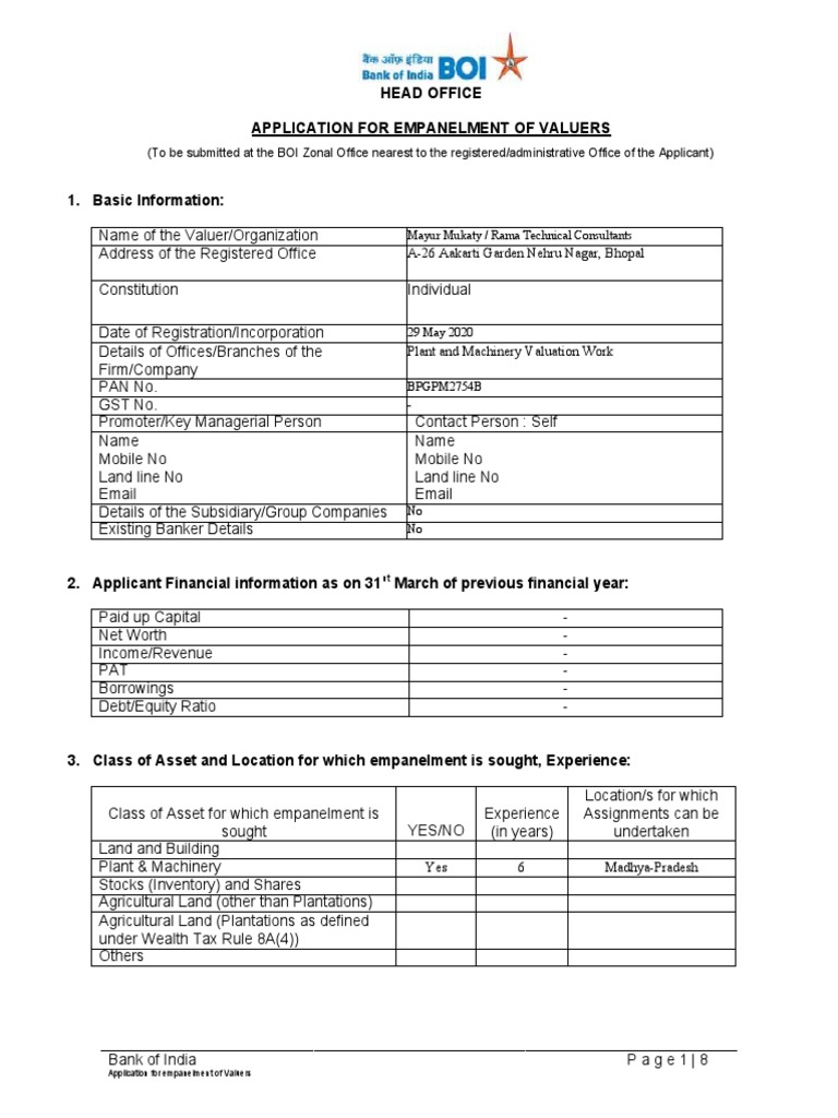 Head Office Application For Empanelment of Valuers | Download Free PDF ...