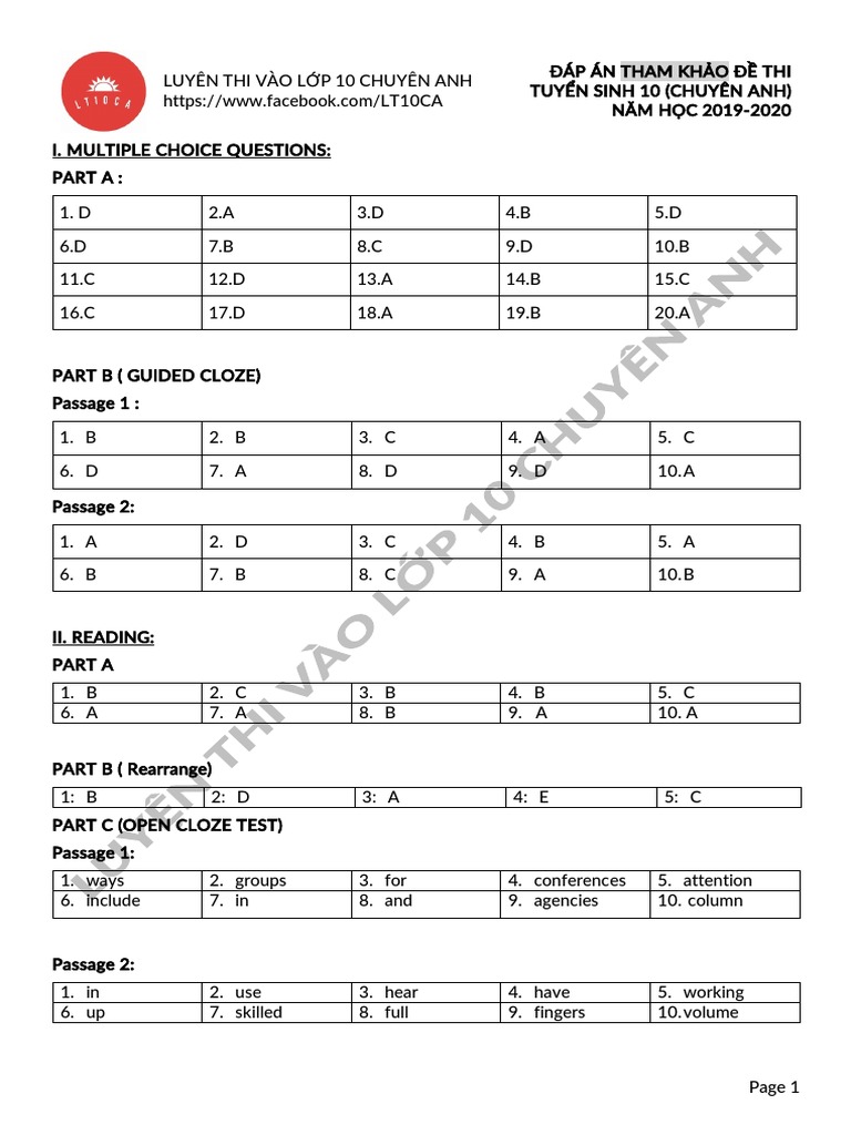 Sample Answer Key and Explanatory Passages for the 2019-2020 10th Grade ...