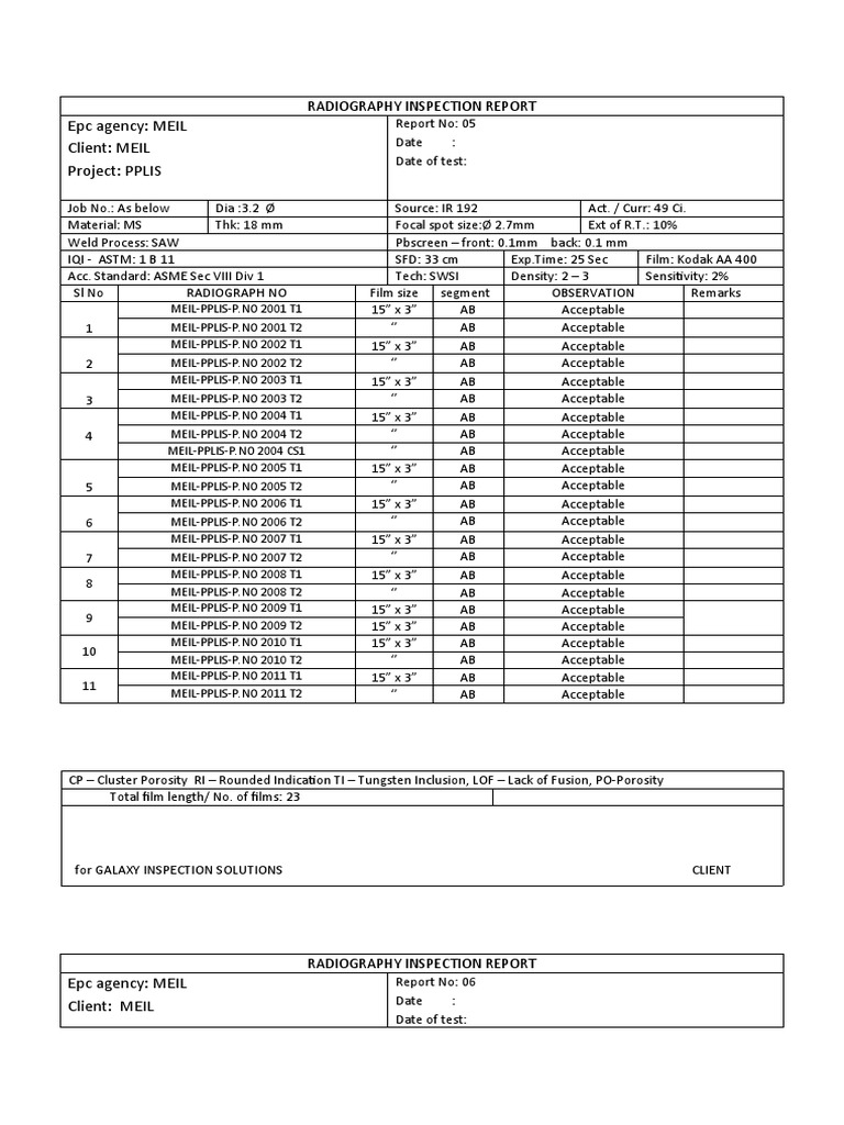Radiography Inspection Report | Download Free PDF | Radiography | Welding
