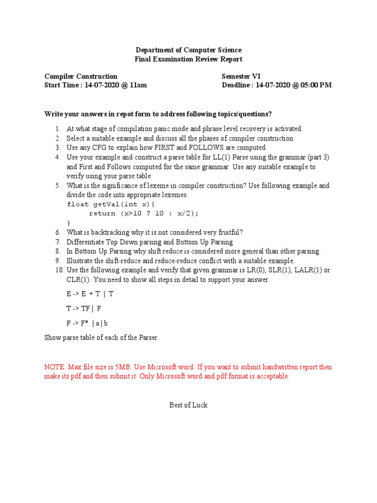 Final Review Paper Compiler Construction Spring 2020 | PDF