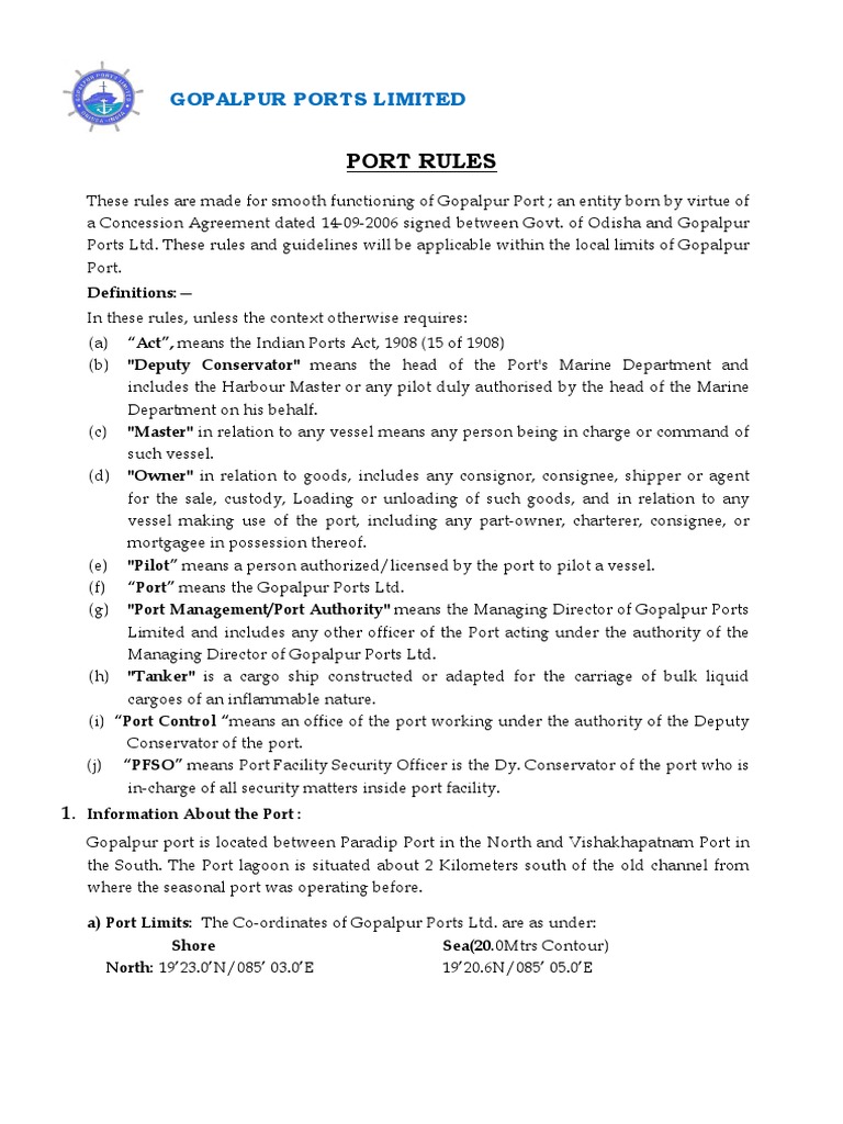 Port Rules: Gopalpur Ports Limited | PDF | Ships | Maritime Pilot
